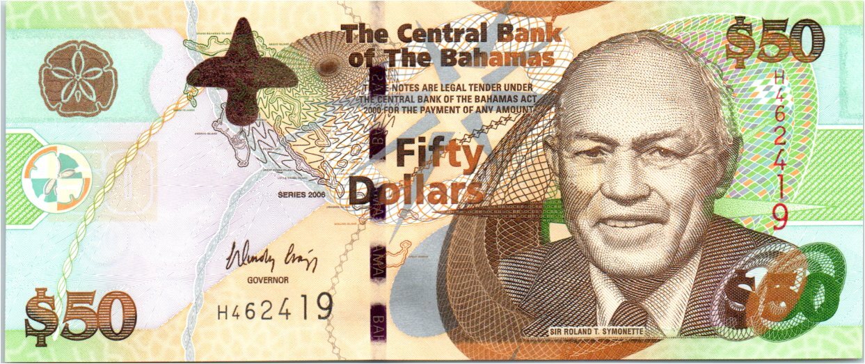 Bahamas 50 Dollars Sir Roland T Symonette - Central Bank - 2006 I / ST ...