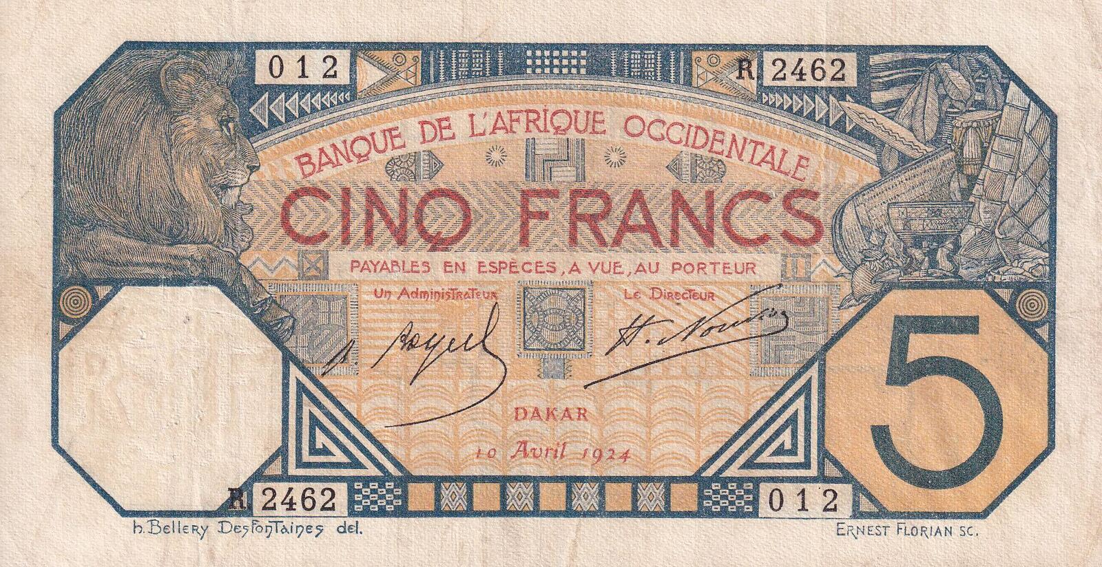 Französisches Westafrika 5 francs 1924 100 Francs - Dakar - 10-04-1924 - Serial R 2462 - VF - P ...