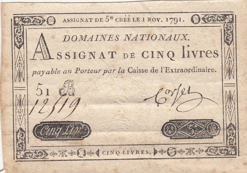 Frankreich 1791 5 Livres - Embossed seal with Louis XVI (1791-11-01 ...