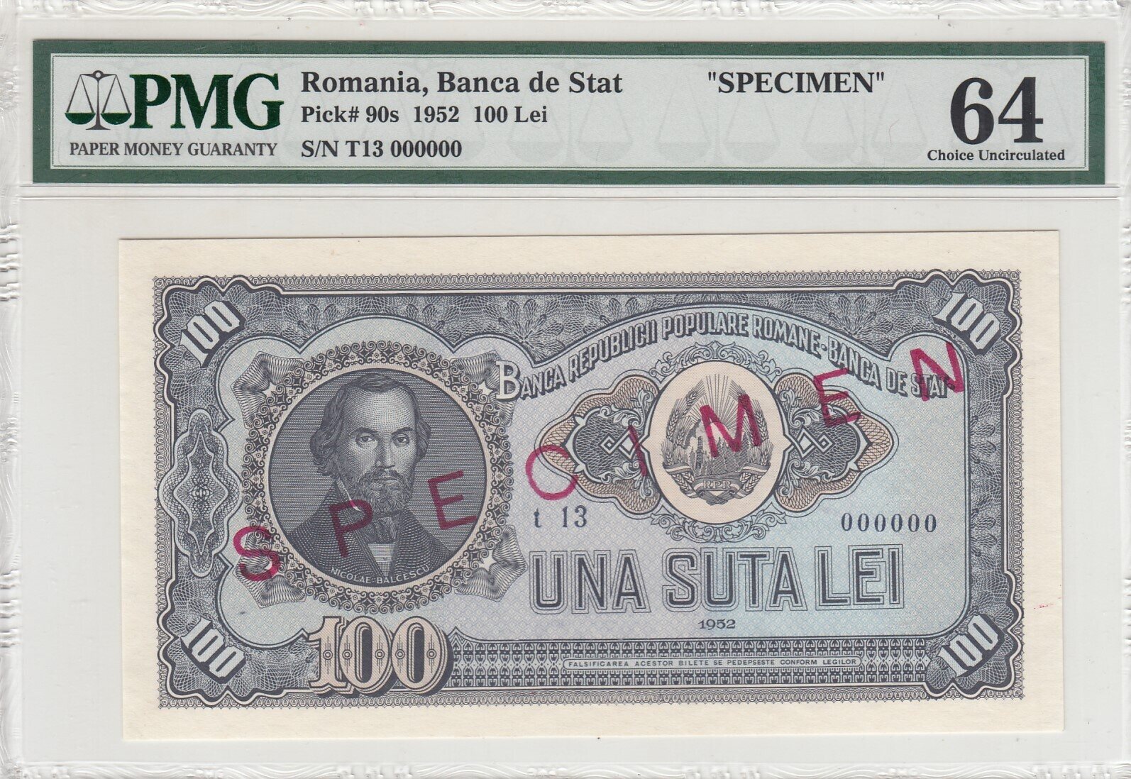 Rumänien 100 Lei - Nicolae Balcescu - 1952 - Specimen - PMG 64 - P.90s ...