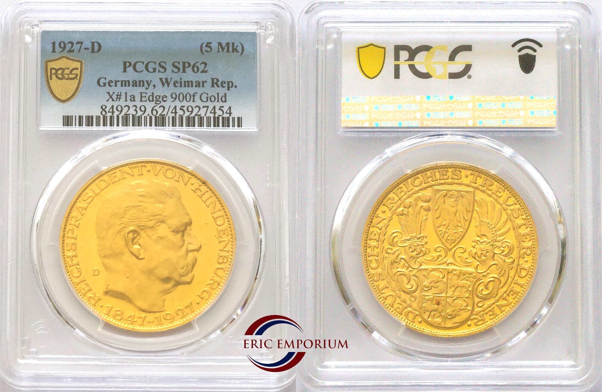 Germany 5 Mark 1927-D Weimar Republic PCGS SP62 | MA-Shops