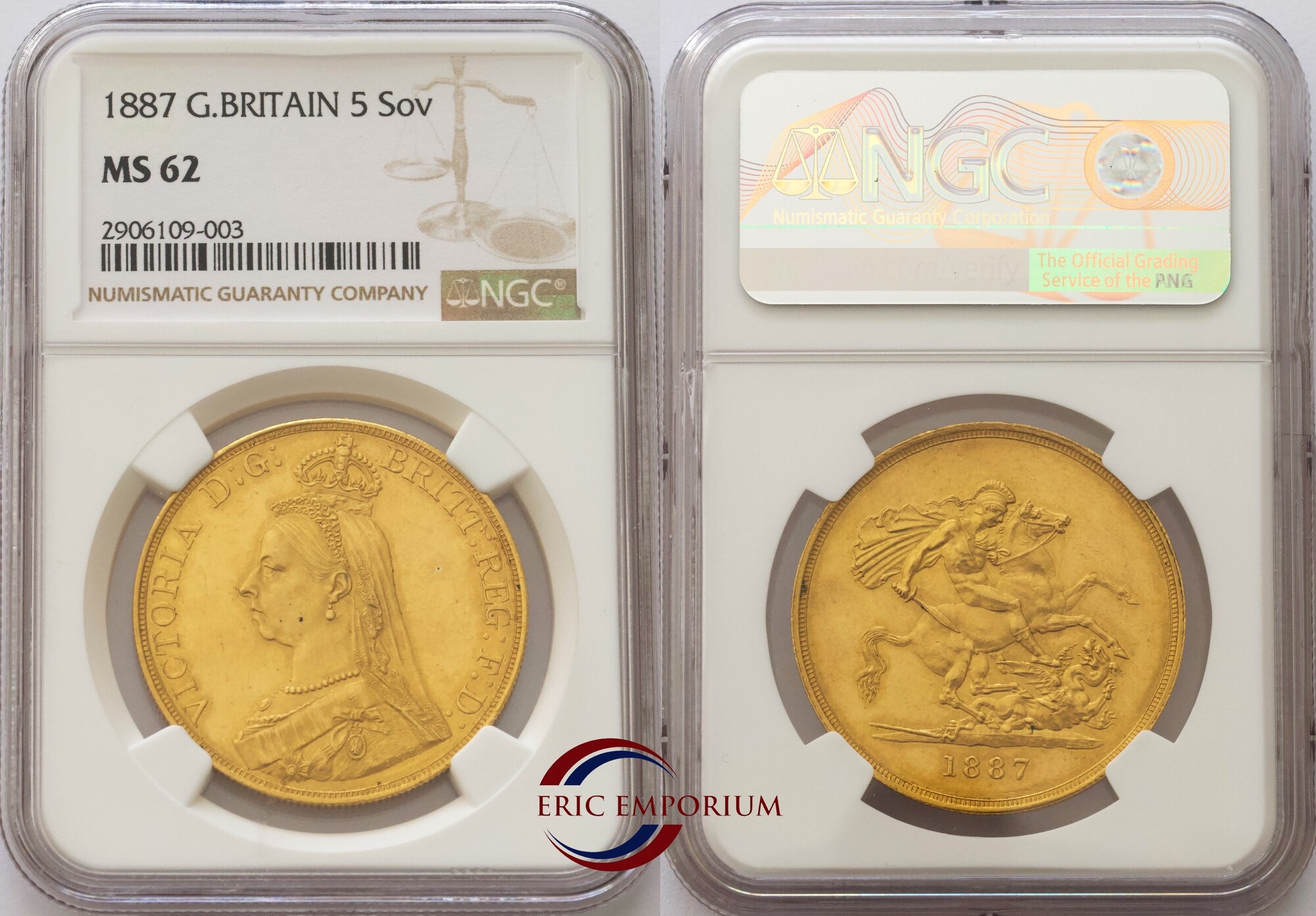 Great Britain 5 Pounds 1887 Victoria NGC MS62 | MA-Shops