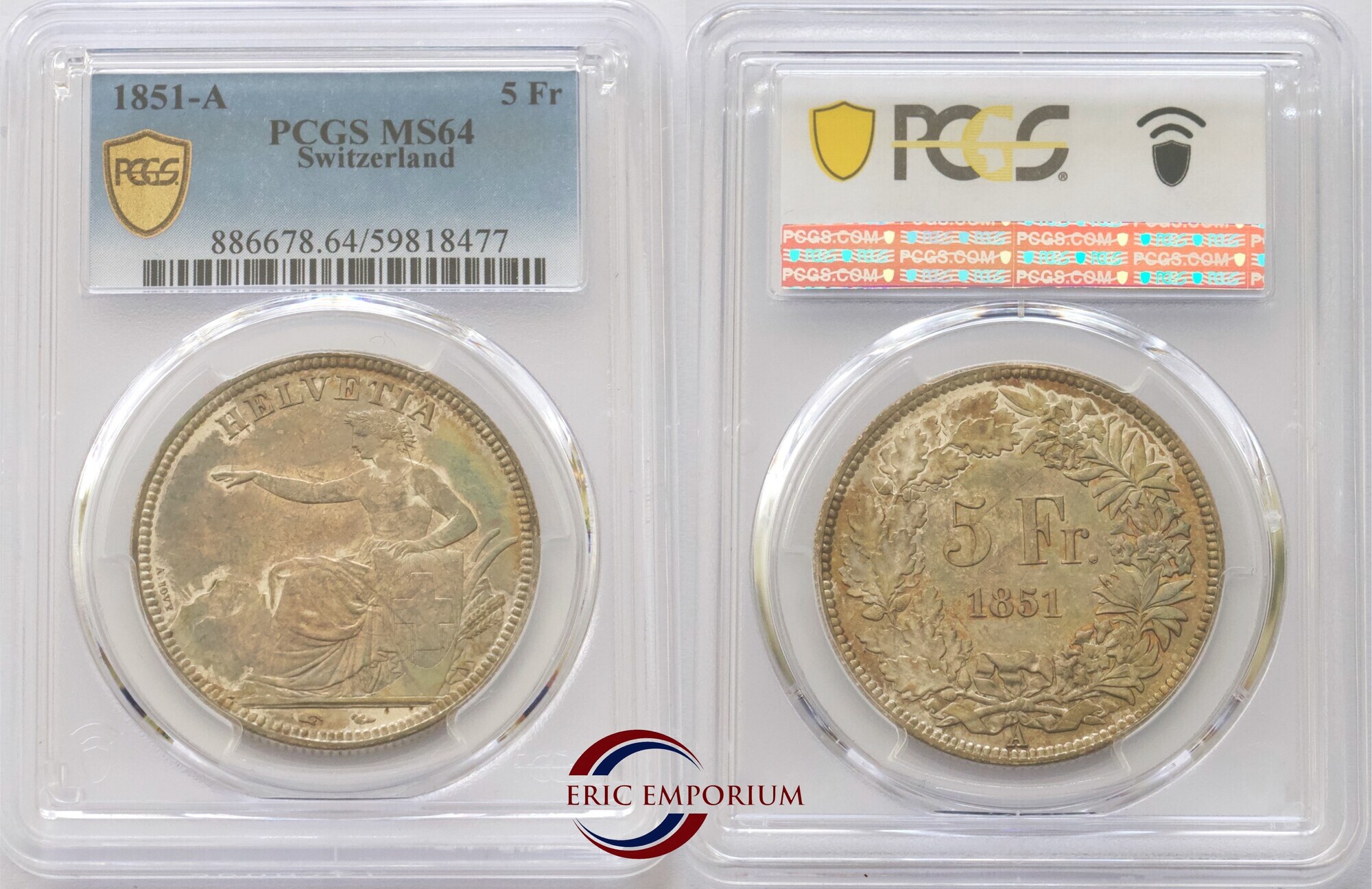 Switzerland 5 Francs 1851 Confederation PCGS MS64 | MA-Shops