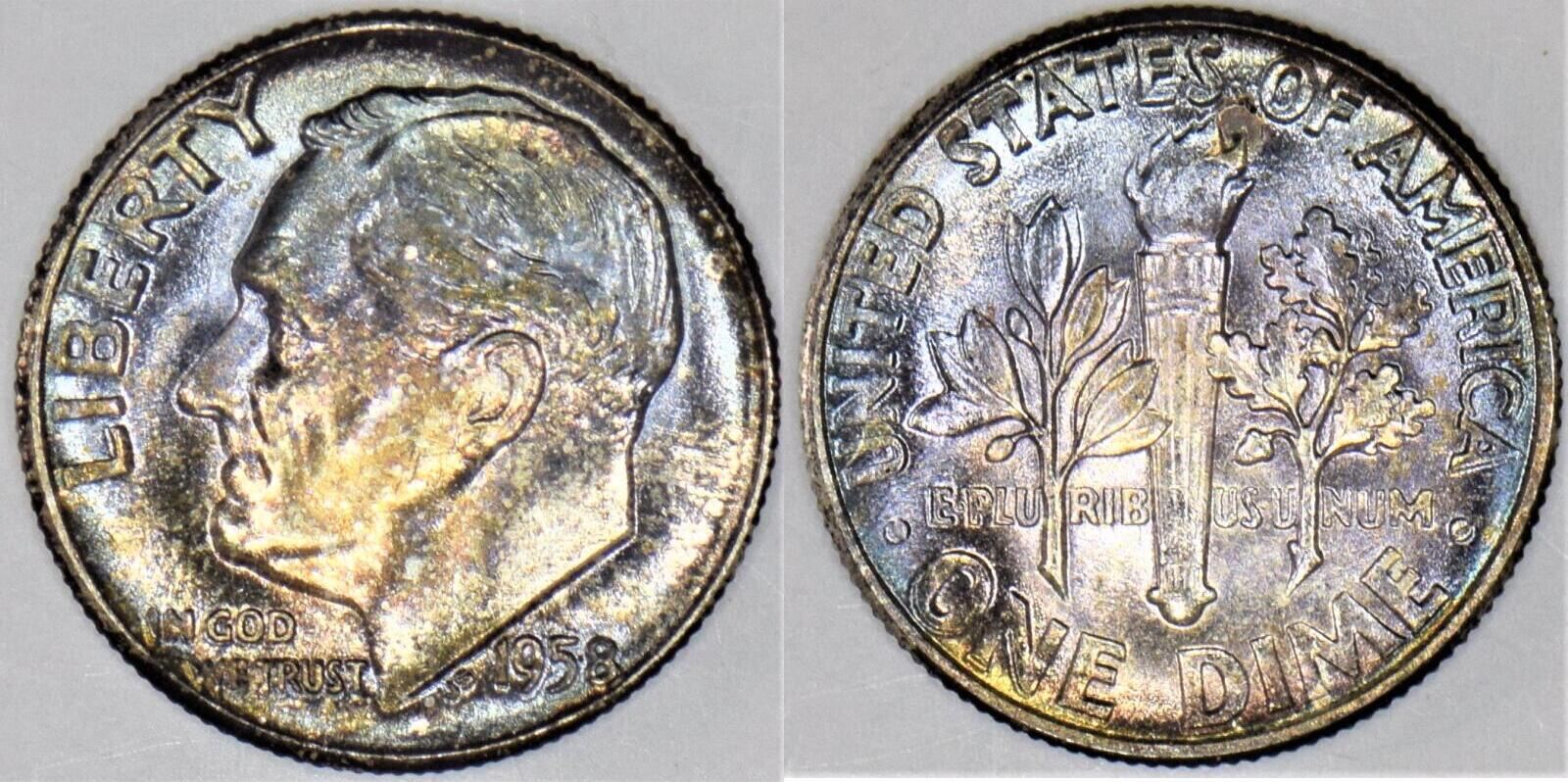 USA 1958 Roosevelt Dime; Gem Uncirculated; Beautiful Color! | MA-Shops