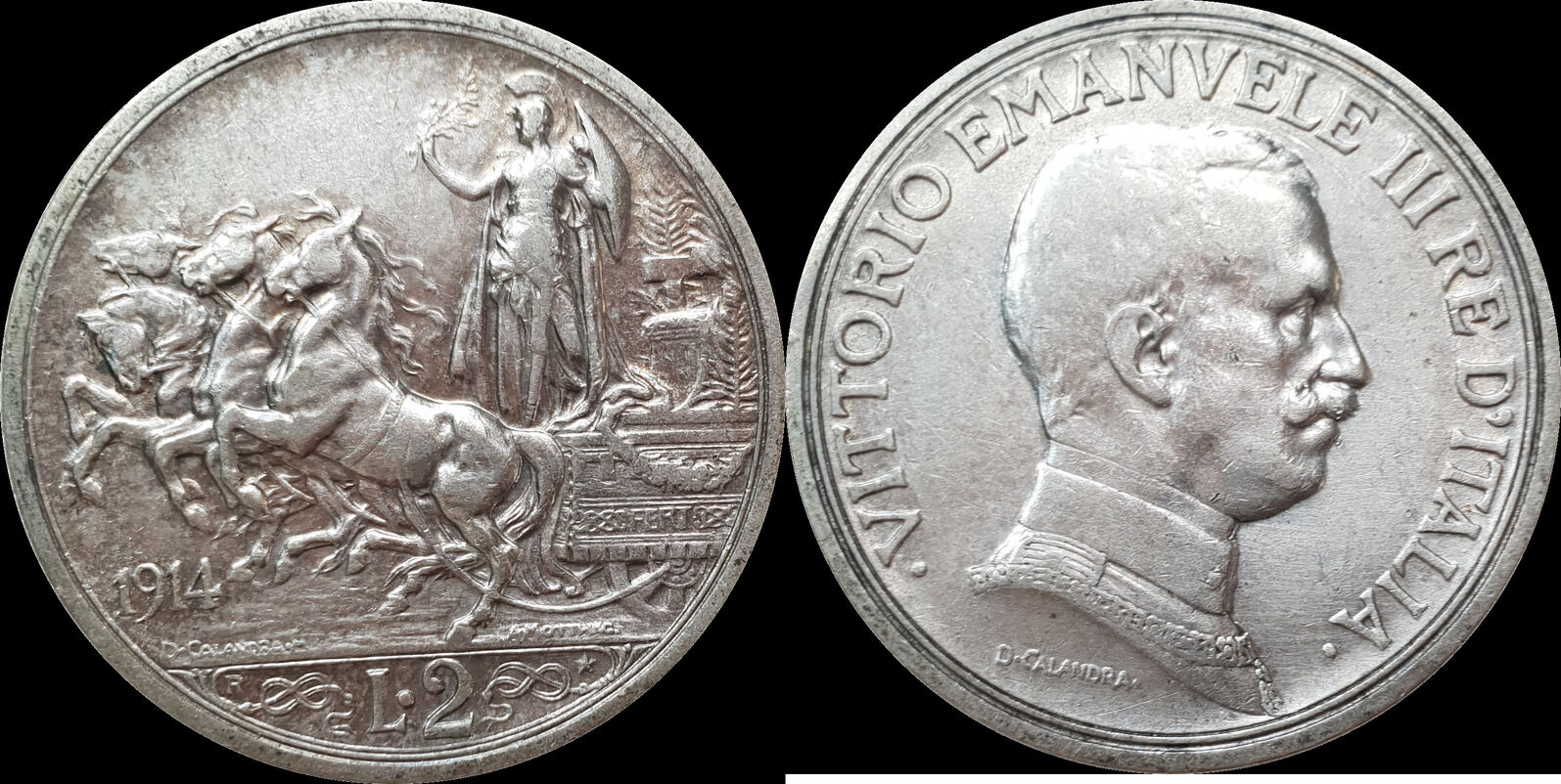 2 Lire 1914 Italy aUnc Lira Silver Coin Quadriga Lire Victor Emmanuel ...
