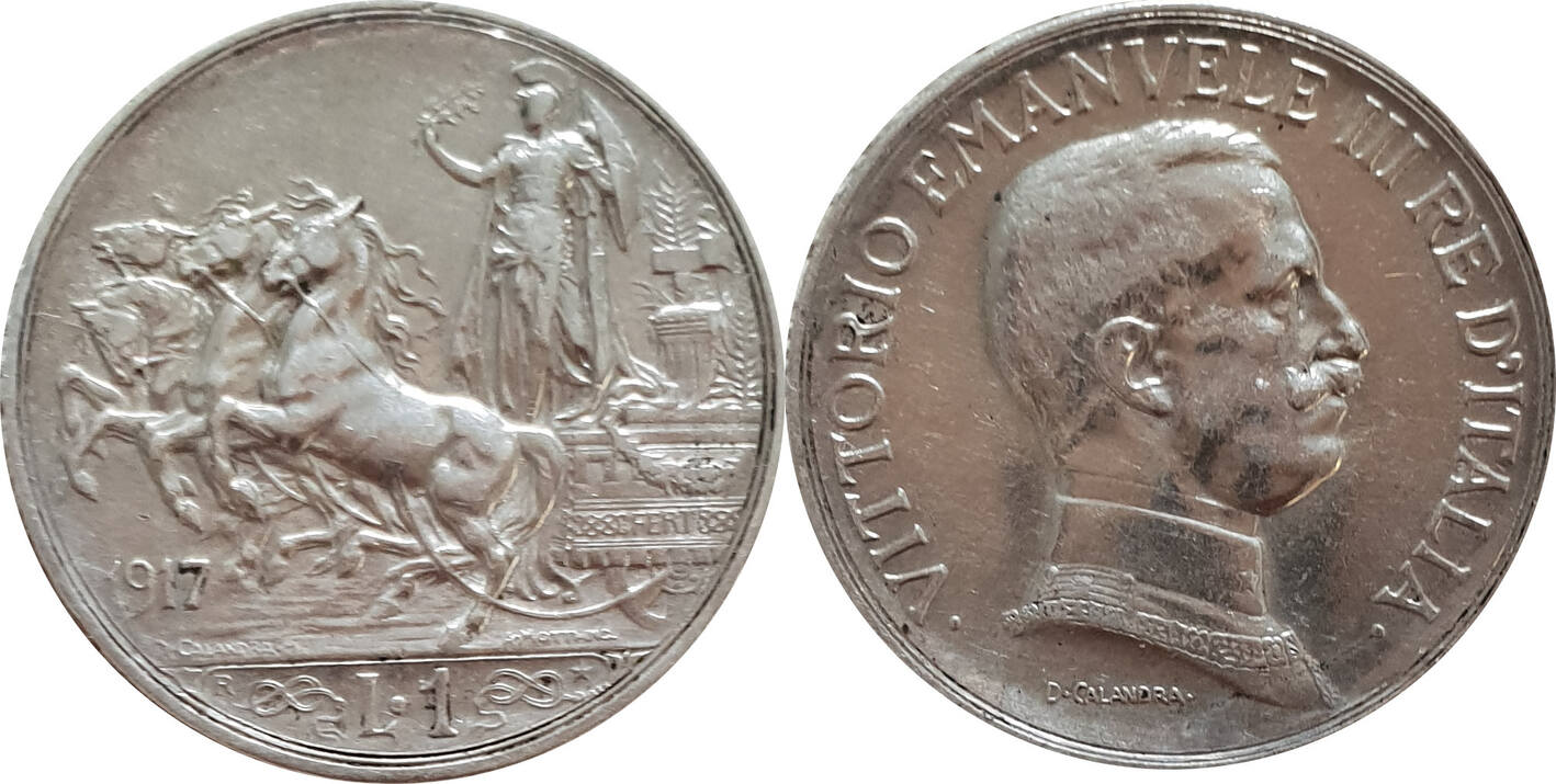 1 Lira 1917 Italy aUnc Silver Coin Quadriga Lire Victor Emmanuel III ...