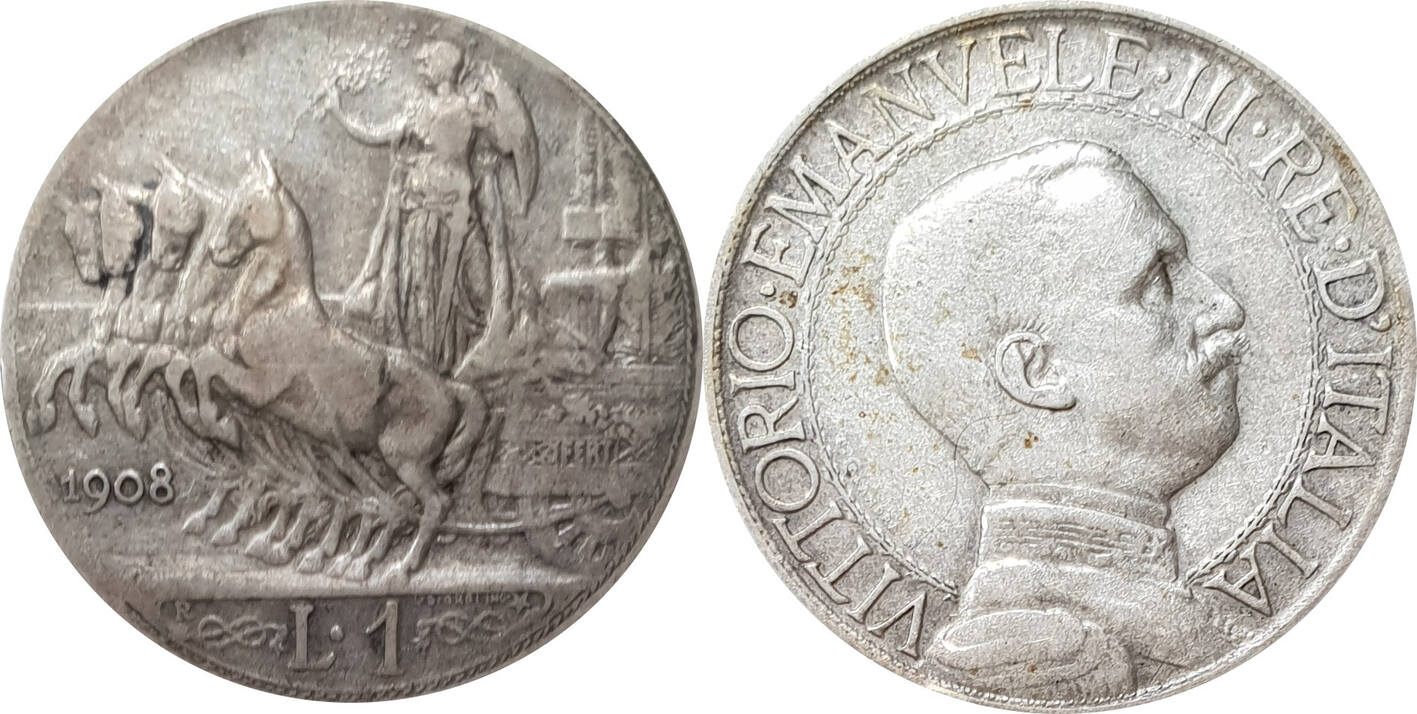 1 Lira 1908 Italy Silver Coin Quadriga Lire Victor Emmanuel III | MA-Shops
