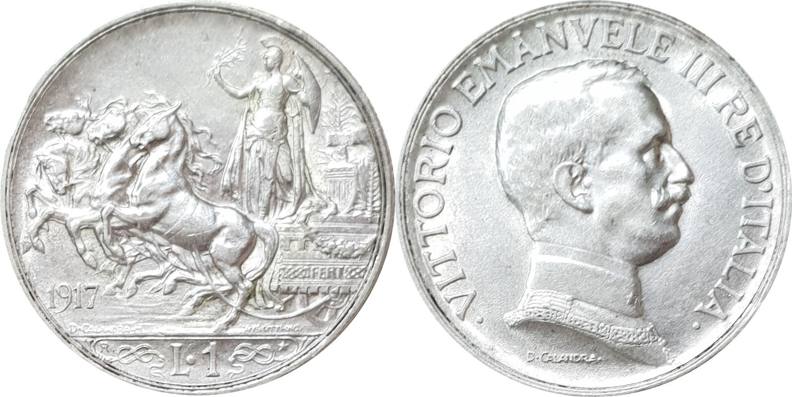 1 Lira 1917 Italy aUnc Silver Coin Quadriga Lire Victor Emmanuel III ...