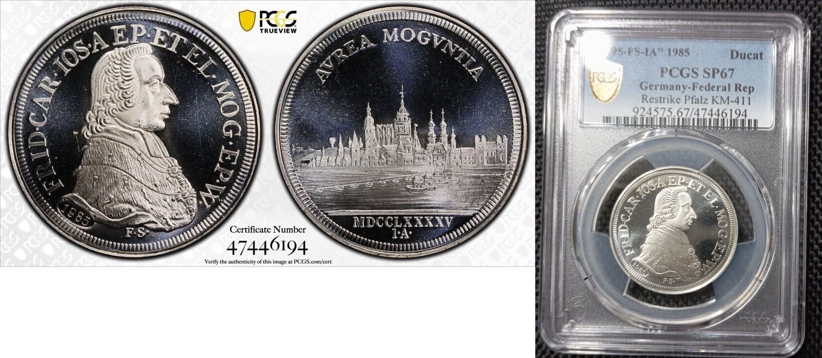Ducat PCGS Pfalz 1795 1985 SP-67 Silver City View Mainz Restrike Top ...