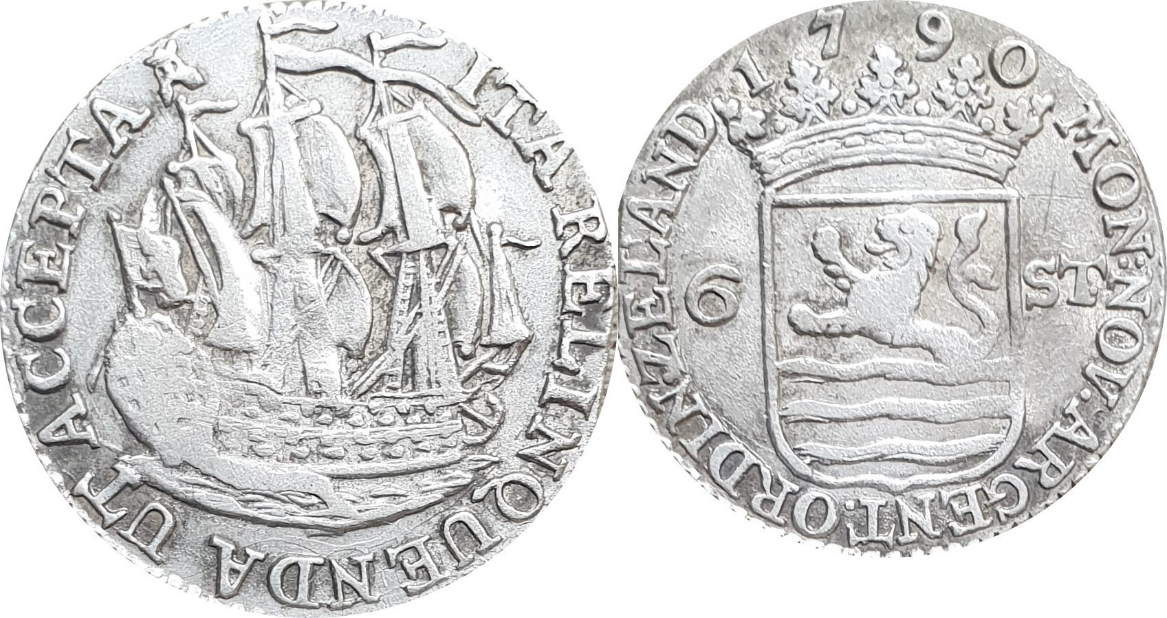 6 Stuivers 1790 Netherlands Zeeland Aunc Stuiver Galleon Ship Silver ...