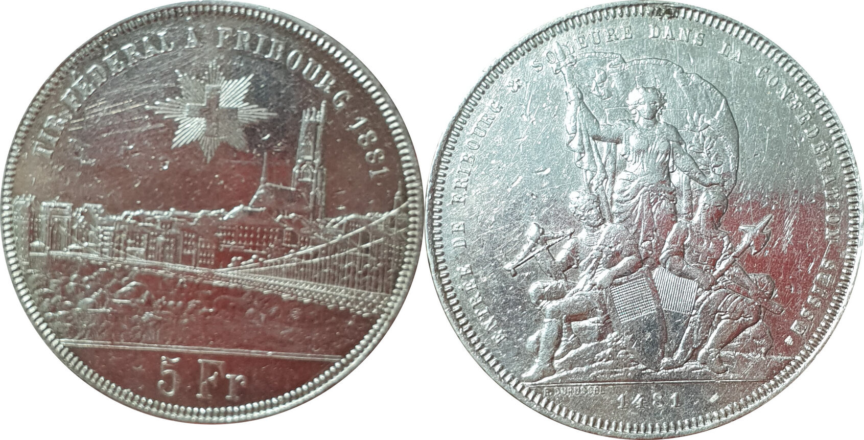 5 Francs 1881 Switzerland Fribourg 1 Shooting Thaler = Coin Silver City ...