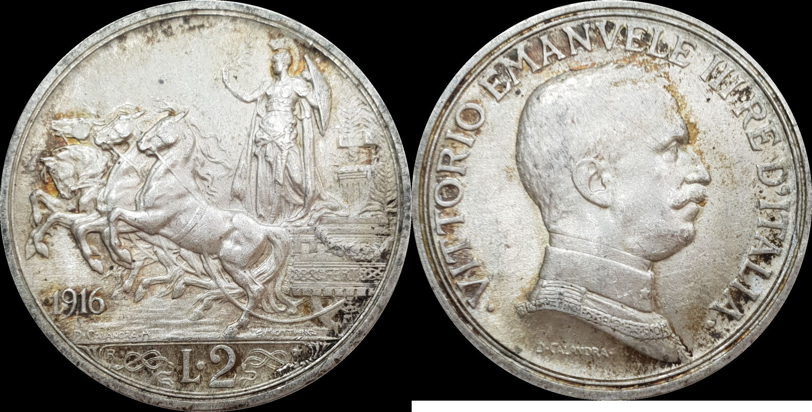 2 Lire 1916 Italy Unc Lira Silver Coin Quadriga Victor Emmanuel III ...