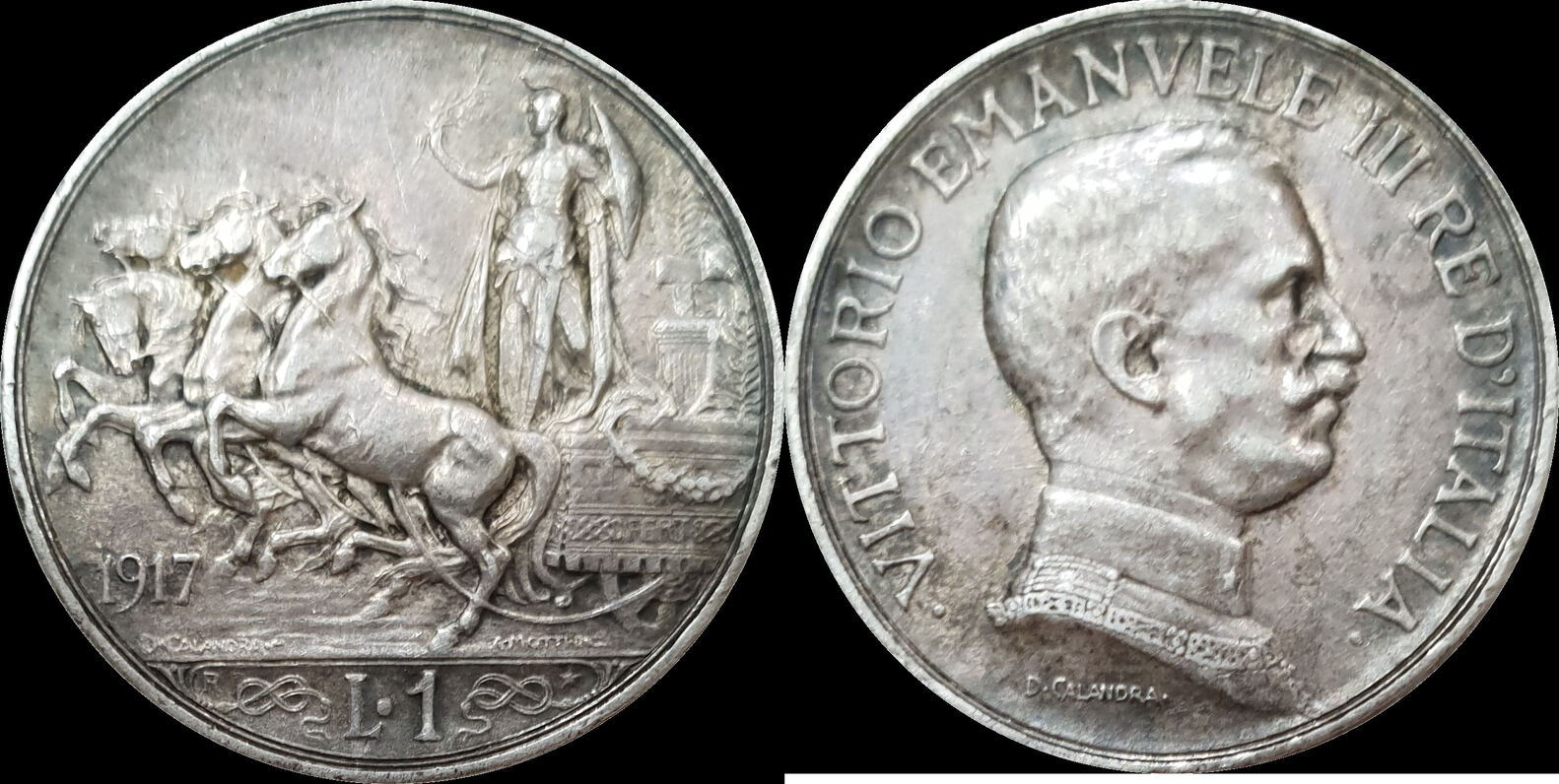 1 Lira 1917 Italy aUnc Silver Coin Quadriga Lire Victor Emmanuel III ...