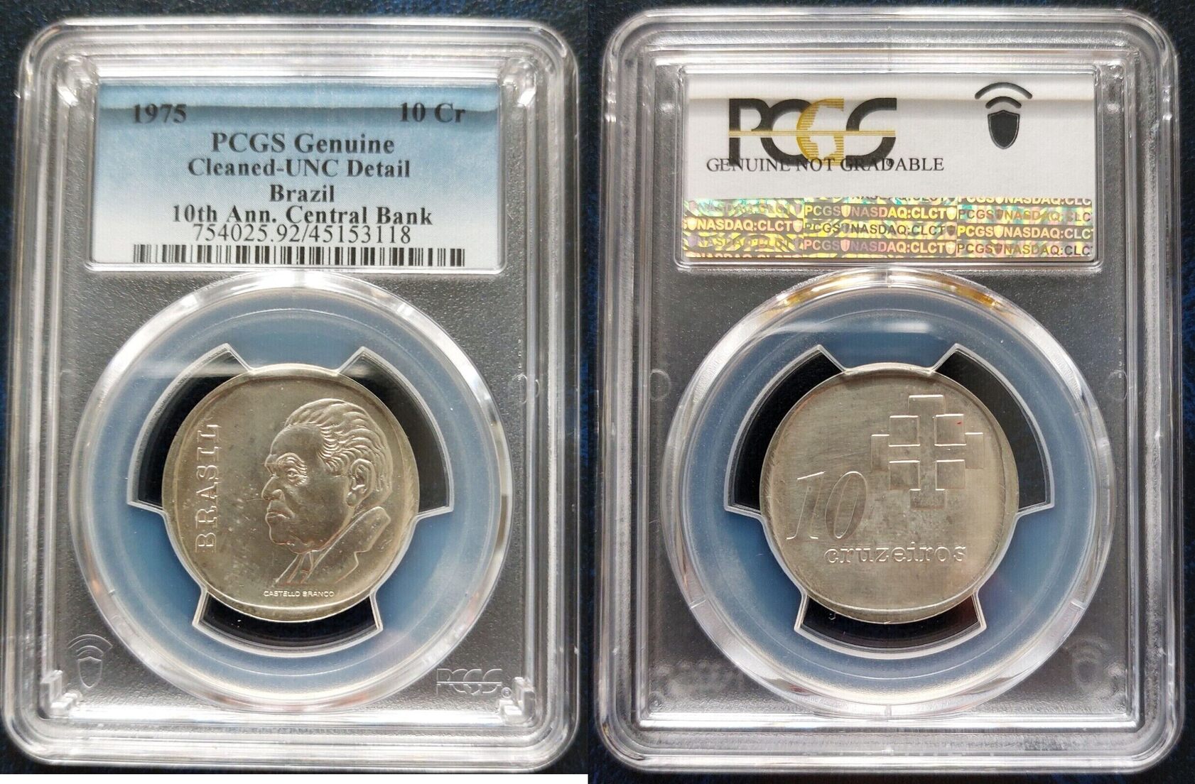 10 CRUZEIROS 1975 BRAZIL SILVER UNC COIN YEAR KM#588 10th ANNI BANK ...