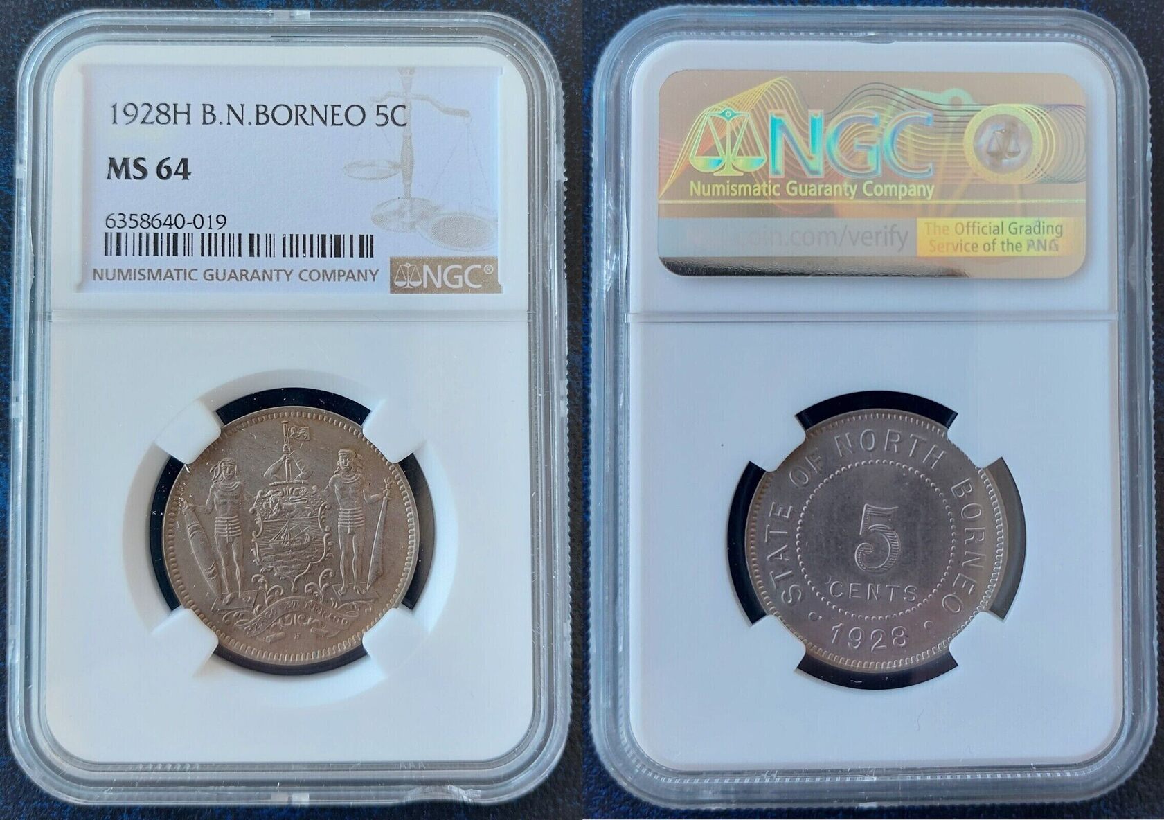 5 CENTS 1928 H BRITISH NORTH BORNEO UNC COIN YEAR KM#5 NGC GRADING MS64 ...