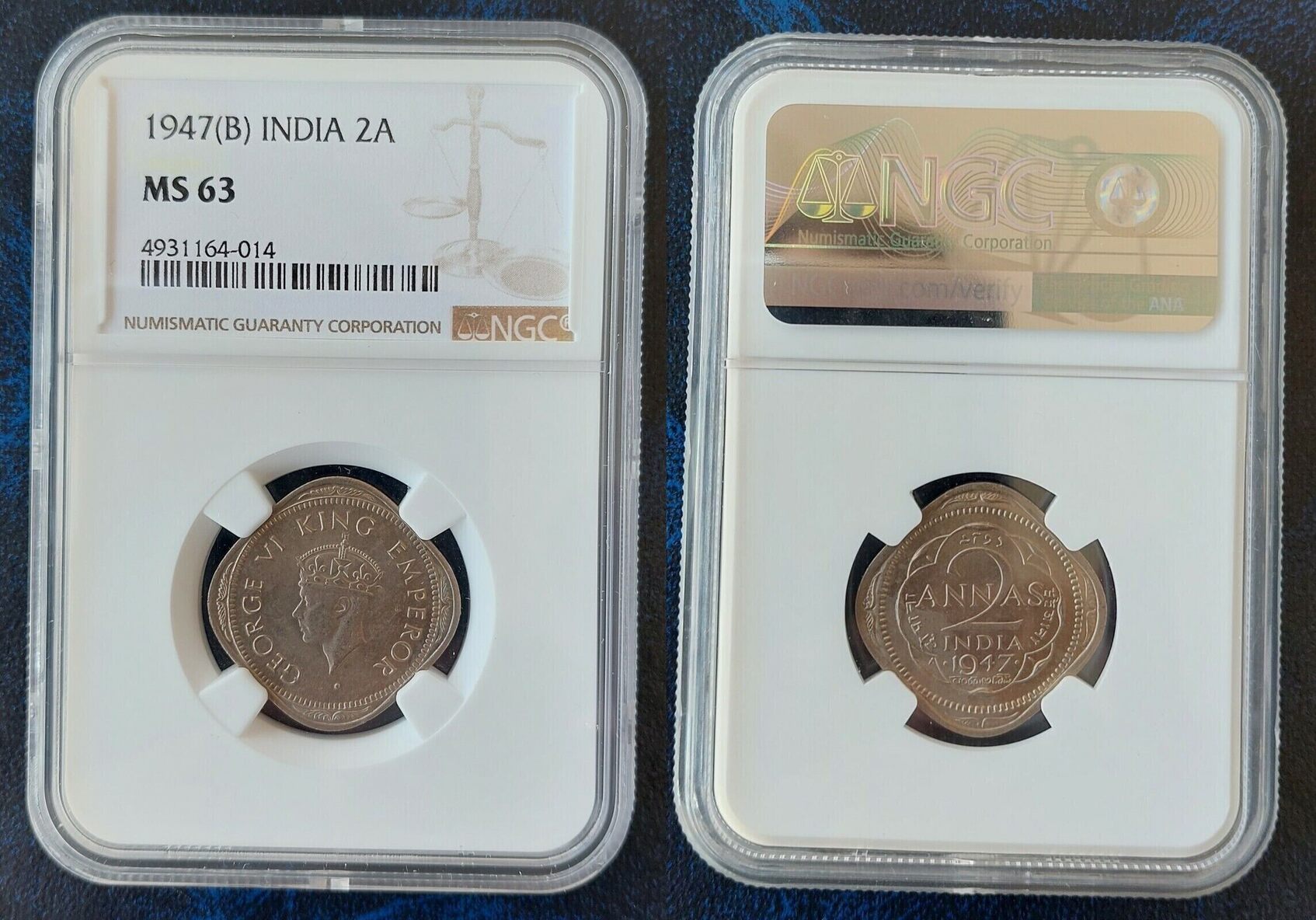 2 ANNAS 1947 INDIA UNC COIN YEAR KM#542 GEORGE VI MS63 NGC GRADING ...