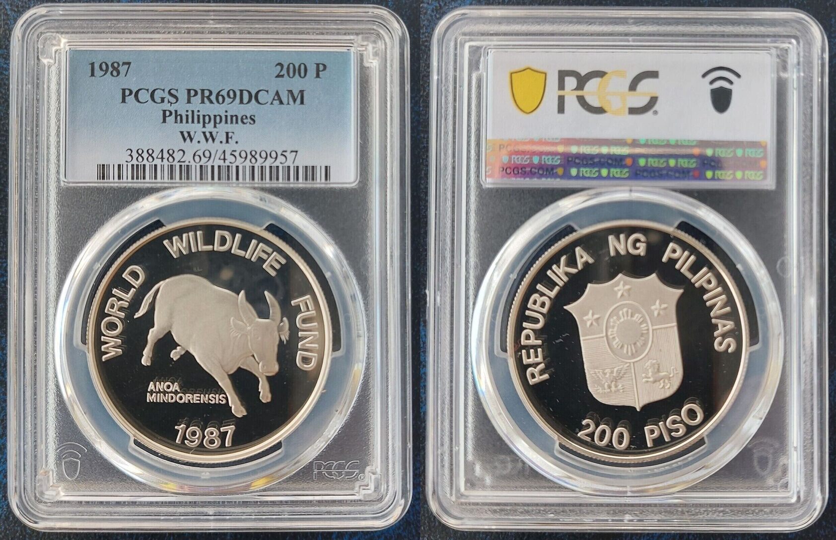 200 PISO 1987 PHILIPPINES SILVER PROOF COIN KM#248 BUFFALO WWF PCGS ...