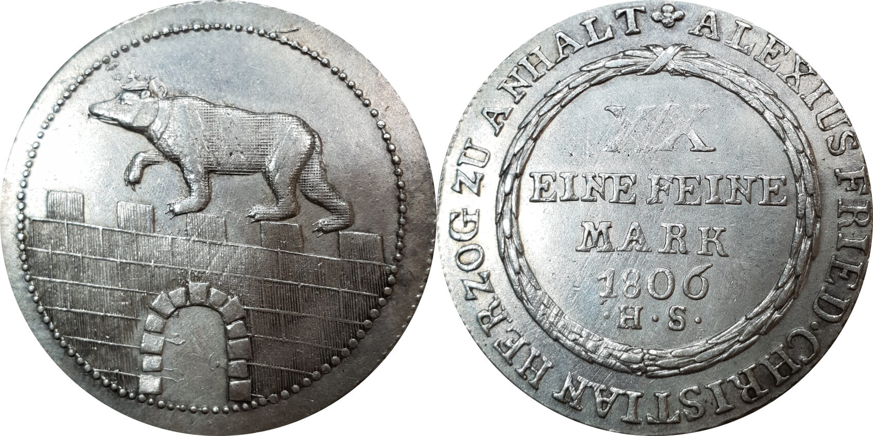 2/3 Thaler 1806 Anhalt Bernburg Aunc Taler Silver Coin Germany Bear On ...