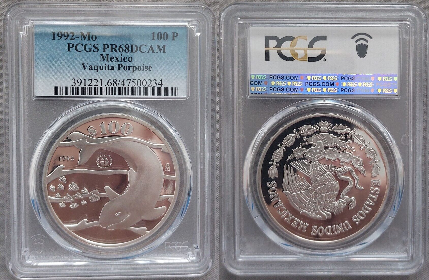100 PESOS 1992 MEXICO SILVER PROOF COIN YEAR KM#566 Vaquita Porpoise ...