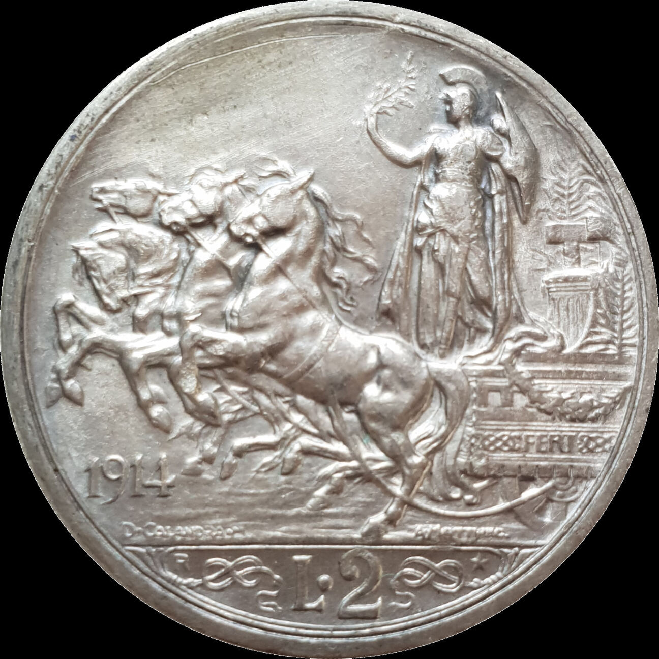 2 Lire 1914 Italy aUnc Lira Silver Coin Quadriga Lire Victor Emmanuel ...