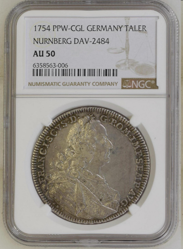 50 1 Thaler 1754 NGC Nurnberg AU- Silver City View Coin Taler Germany Rare | MA-Shops