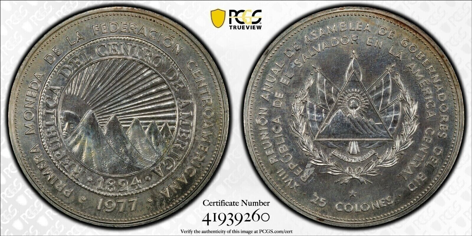 25 COLONES 1977 EL SALVADOR SILVER UNC COIN YEAR KM#151 PCGS GRADING ...