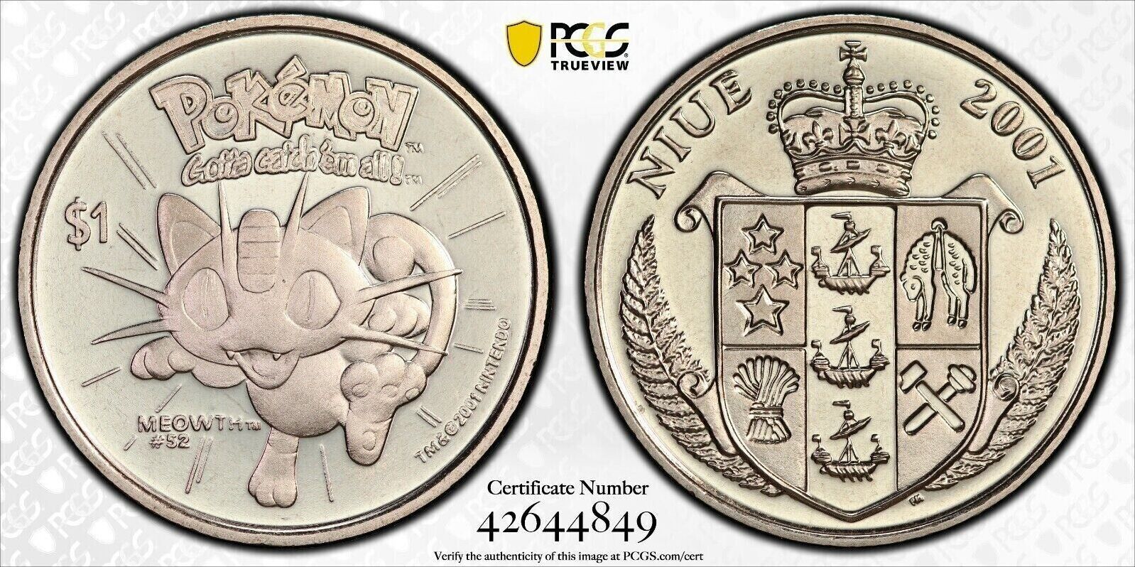2001 NIUE RARE 1$ UNC COIN YEAR KM#156 POKEMON MEOWTH PCGS GRADING MS66 ...