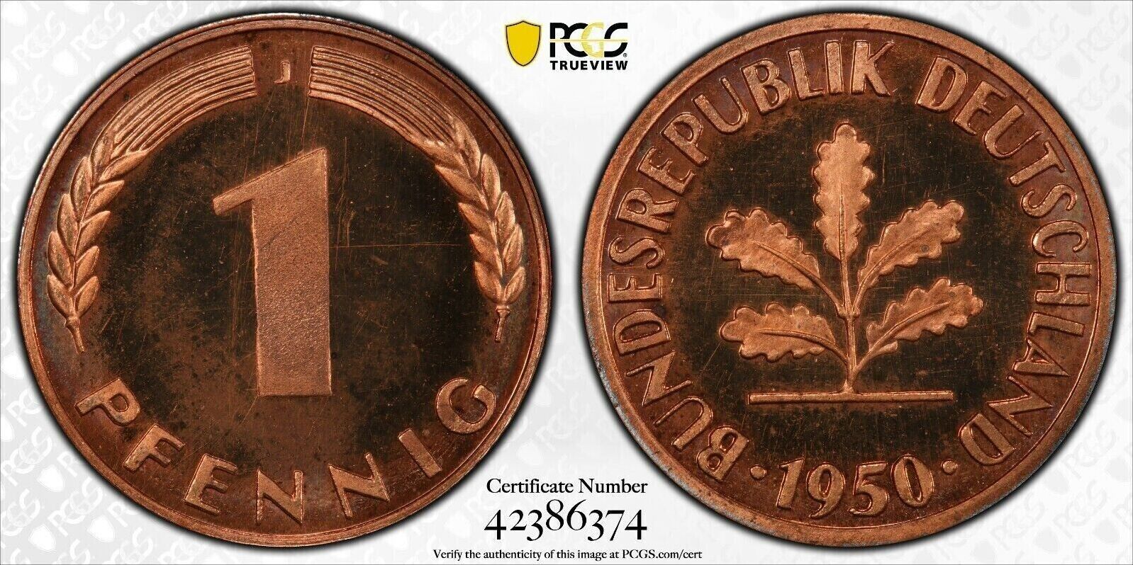 1 PFENNIG 1950 J GERMANY PROOF COIN YEAR KM#105 PCGS PR65 TOP POP ...