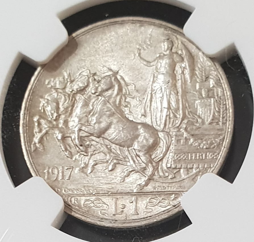 1 Lira 1917 NGC Italy MS 62 Silver Coin Quadriga Lira Rare Type Full ...