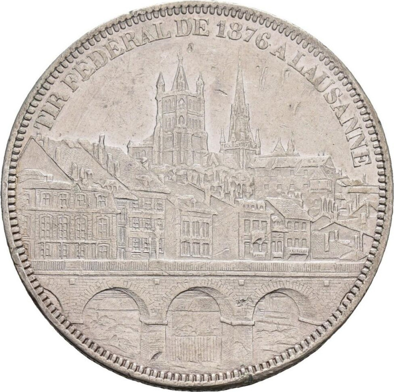 5 Francs 1876 Switzerland Lausanne Shooting Taler Silver City View Unc ...