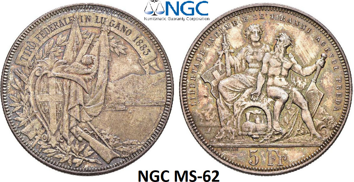5 Francs 1883 NGC Switzerland Lugano MS 62 1 Shooting Thaler Coin Unc ...