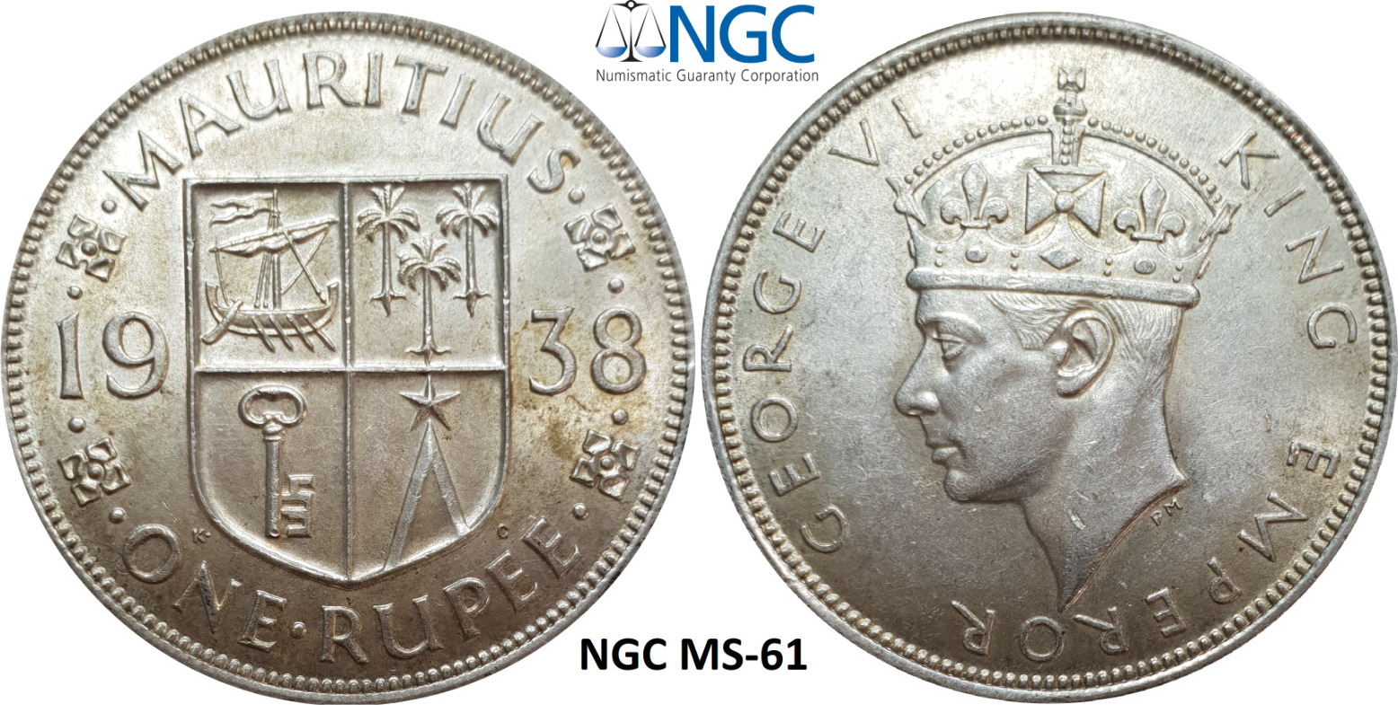 1 Rupee 1938 NGC Mauritius MS-61 Silver Coin George VI British Colony ...