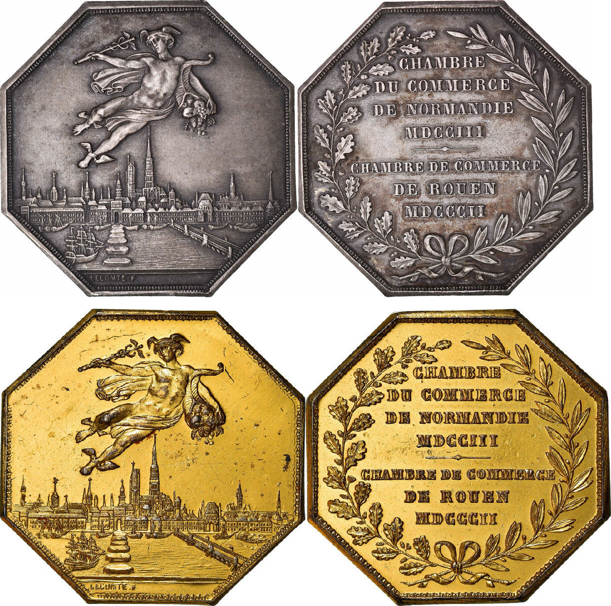 Medal 1802 2X France Rouen Unc Gilt Silver City View Octagonal Jeton ...