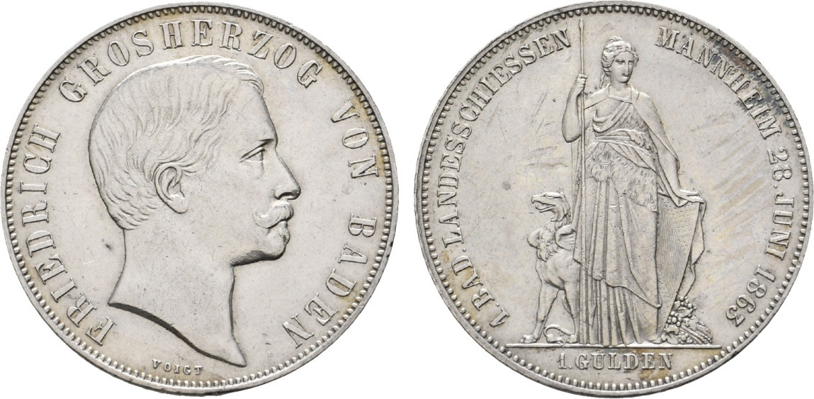 1 Gulden 1863 Baden Silver Shooting City View Germany Rare | MA-Shops