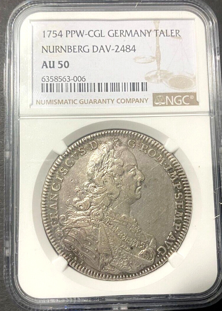 50 1 Thaler 1754 NGC Nurnberg AU- Silver City View Coin Taler Germany ...
