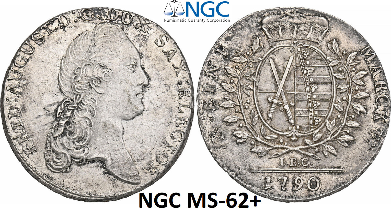 1 Thaler 1790 NGC Saxony MS 62+ Silver Coin Germany RARE Grade | MA-Shops