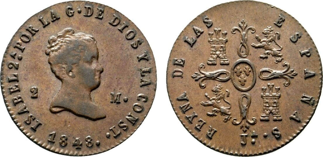 Spanien Cu 2 Maravedis 1848 Jubia Isabel II. 1833-1868 Winz. Randfehler ...