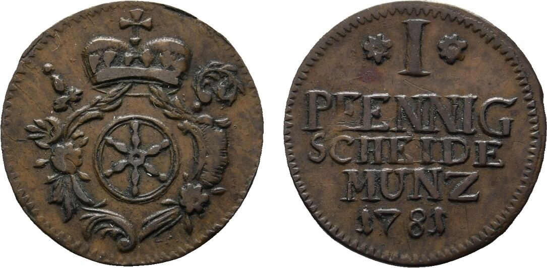 Mainz, Erzbistum Cu Pfennig 1781 Erfurt Friedrich Karl Joseph 1774-1802 ...
