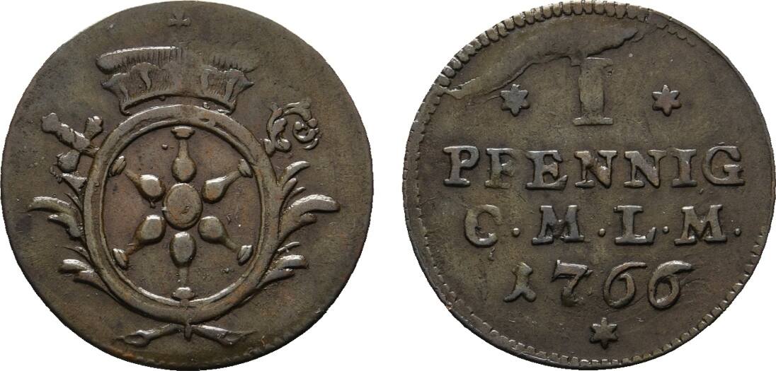 Mainz, Erzbistum Cu Pfennig 1766 Erfurt Emmerich Joseph von Breitbach ...