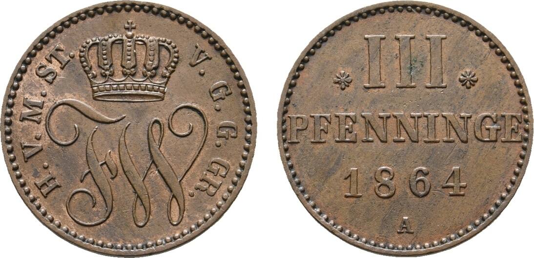 Mecklenburg-Strelitz Cu 3 Pfennig 1864 A Friedrich Wilhelm 1860-1904 ...