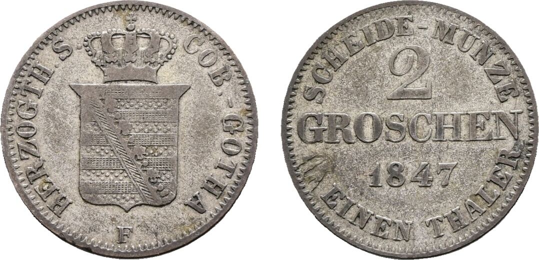 Sachsen-Coburg-Gotha 2 Groschen 1847 F Ernst II. 1844-1893 Sehr schön ...