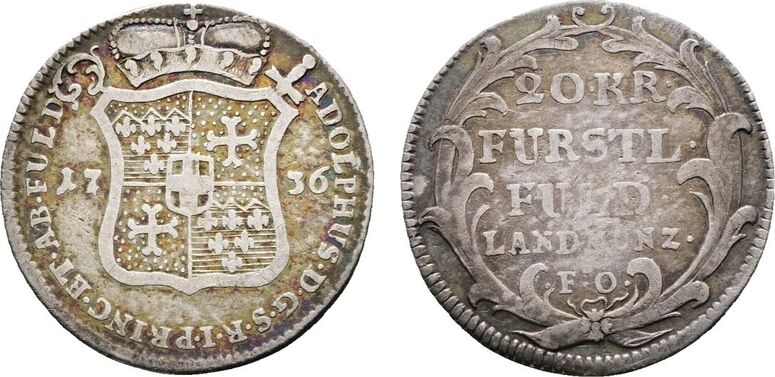 Fulda, Bistum 20 Kreuzer 1736 FO Adolf von Dalberg 1726-1737 Schöne ...