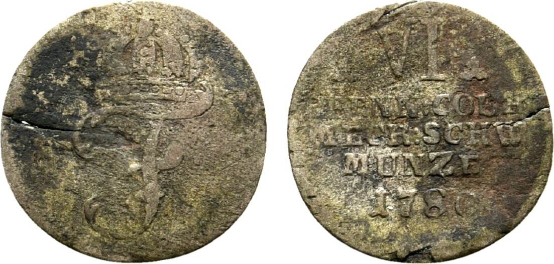 Mecklenburg-Schwerin 6 Pfennig 1780 Schwerin Friedrich 1756-1785 Schrötlingsfehler, fast sehr ...