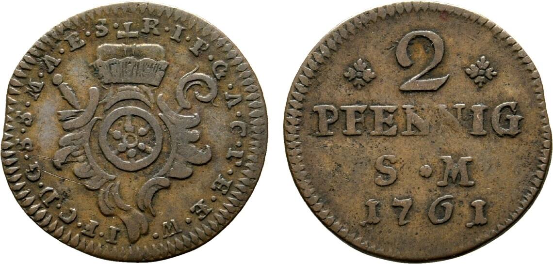 Mainz, Erzbistum Cu 2 Pfennig 1761 Erfurt Johann Friedrich Karl Graf ...