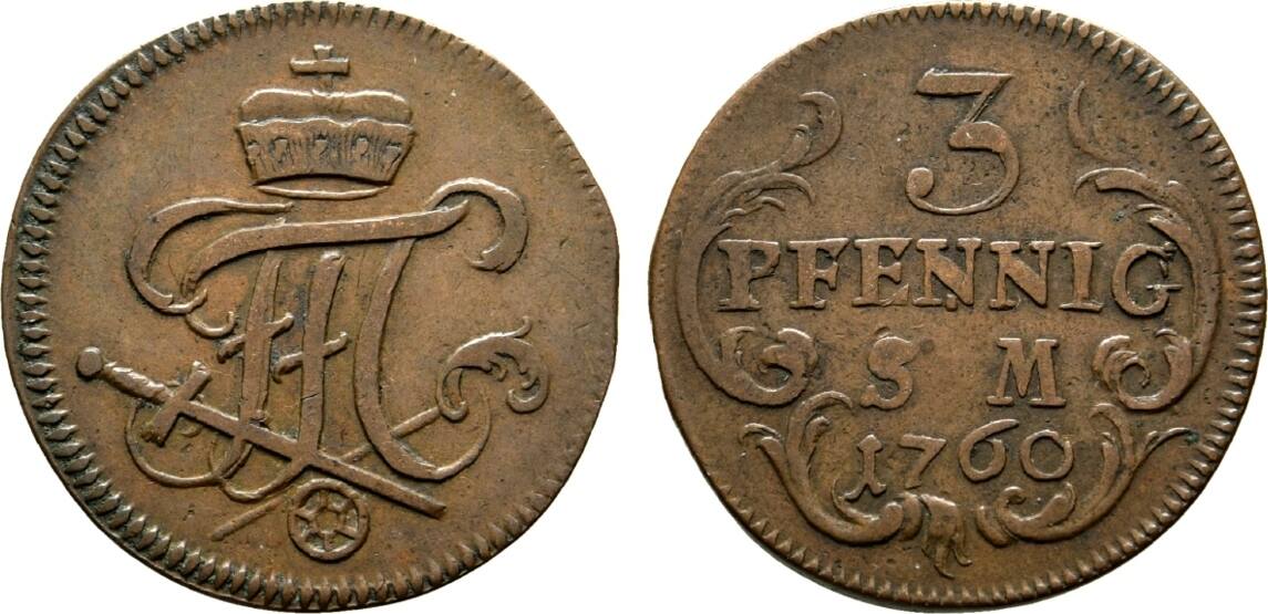 Mainz, Erzbistum Cu 3 Pfennig 1760 Erfurt Johann Friedrich Karl Graf ...