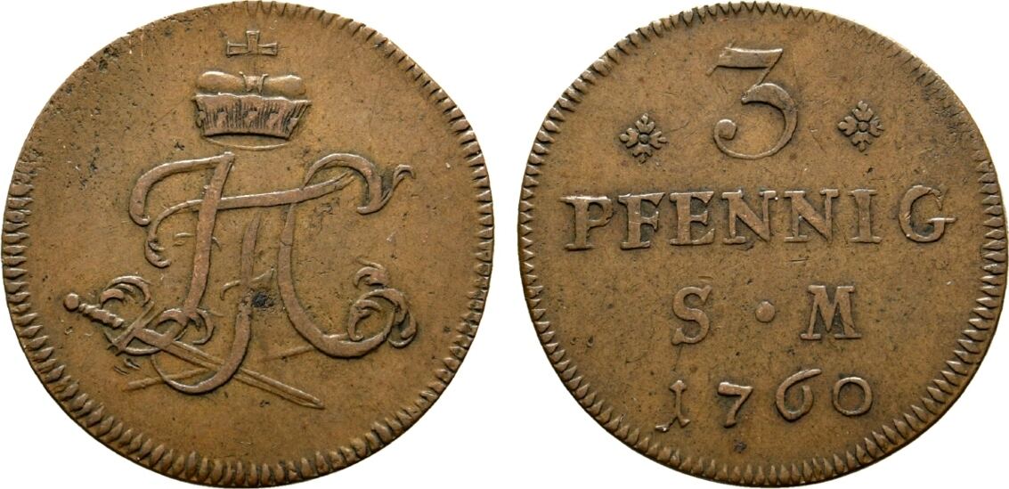 Mainz, Erzbistum Cu 3 Pfennig 1760 Erfurt Johann Friedrich Karl Graf ...