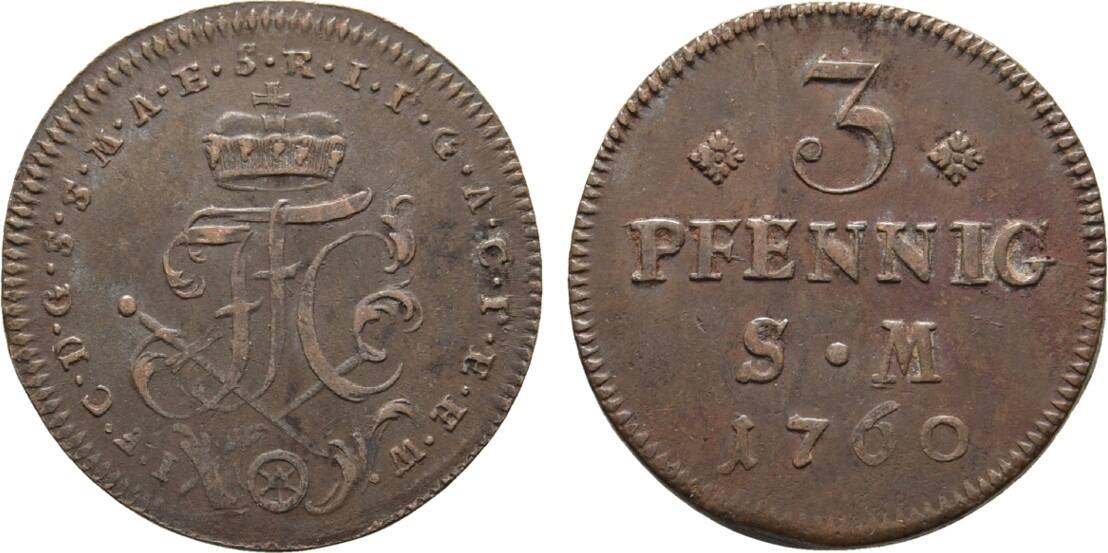 Mainz, Erzbistum Cu 3 Pfennig 1760 Erfurt Johann Friedrich Karl Graf ...