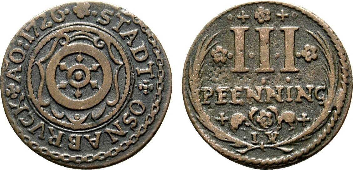 Osnabrück, Stadt Cu 3 Pfennig 1726 Sehr schön | MA-Shops