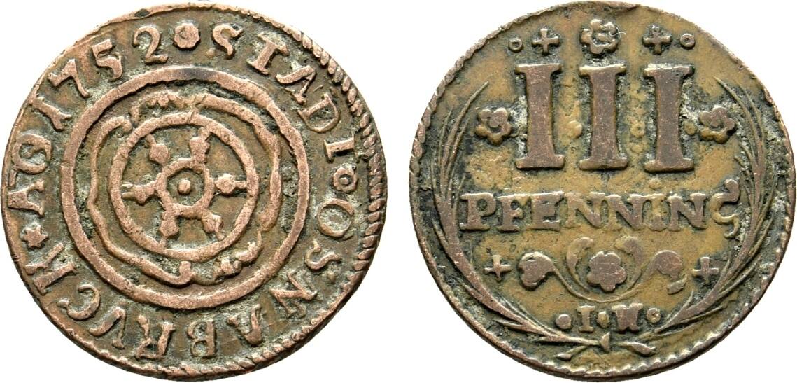 Osnabrück, Stadt Cu 3 Pfennig 1752 Sehr schön | MA-Shops