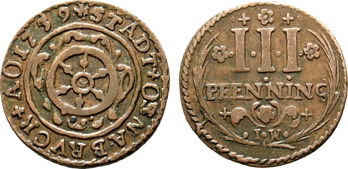 Osnabrück, Stadt Cu 3 Pfennig 1759 IW Sehr schön | MA-Shops